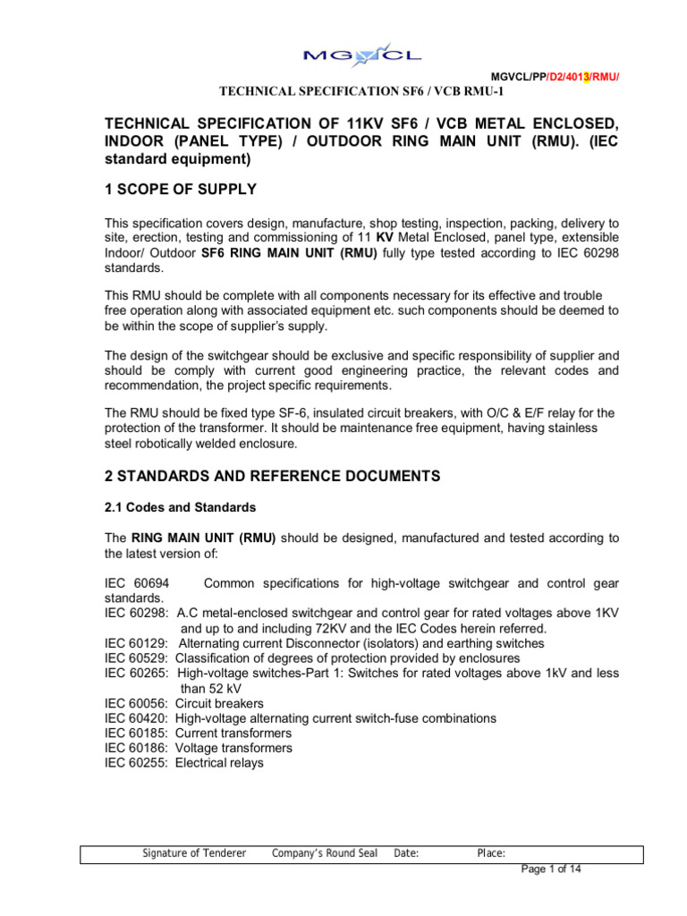 Technical Specification of 11KV SF6 - VCB Metal | PDF | Switch | Relay
