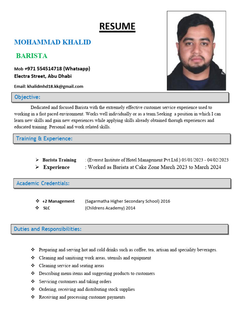 Mohammad Khalid Barista CV | PDF | Drink
