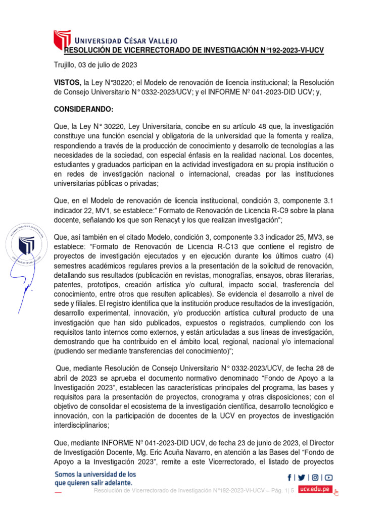 RVI N°192-2023-VI-UCV Aprueba PID Fondo de Apoyo 2023 - Medicina | PDF