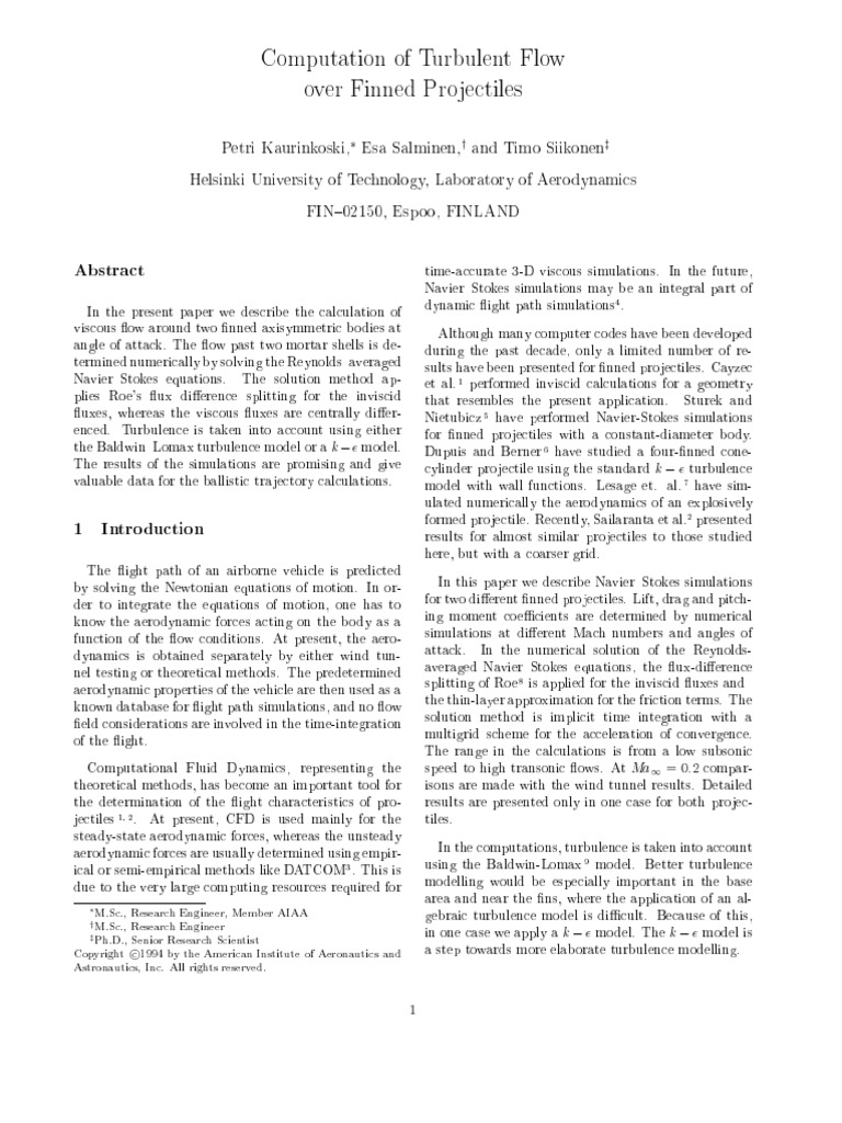 Computation of Turbulent Flow Over Finne | PDF | Aerodynamics | Navier–Stokes Equations