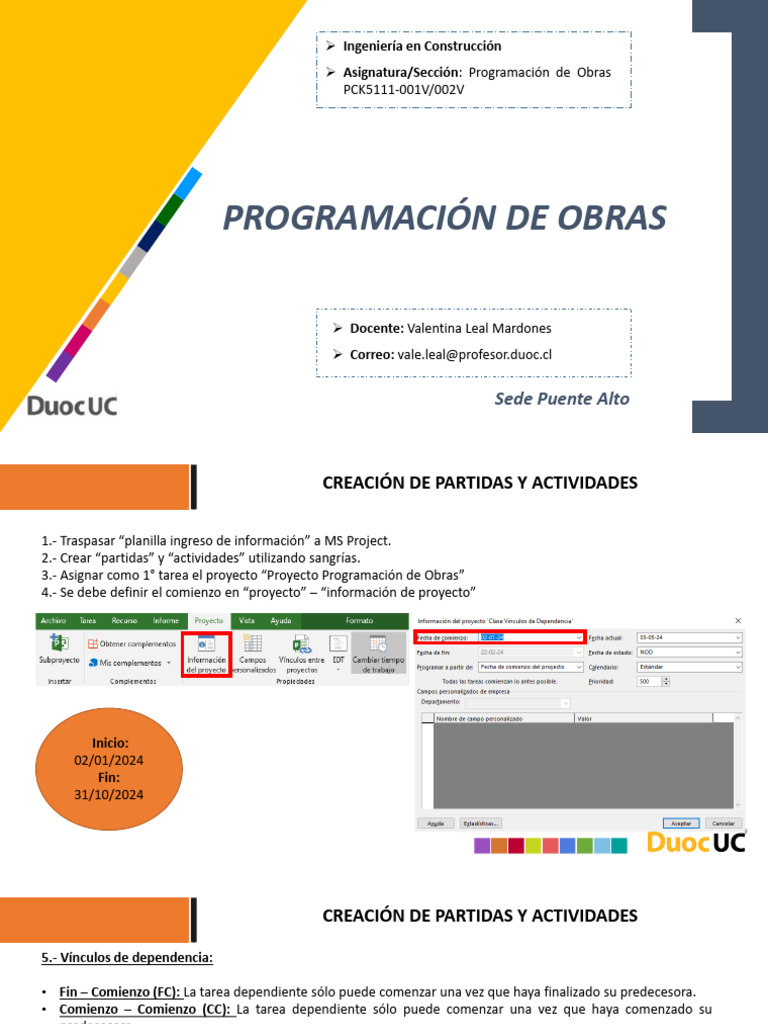 Programación de Obras 2024-1 Configuración Project Parte 2 | PDF