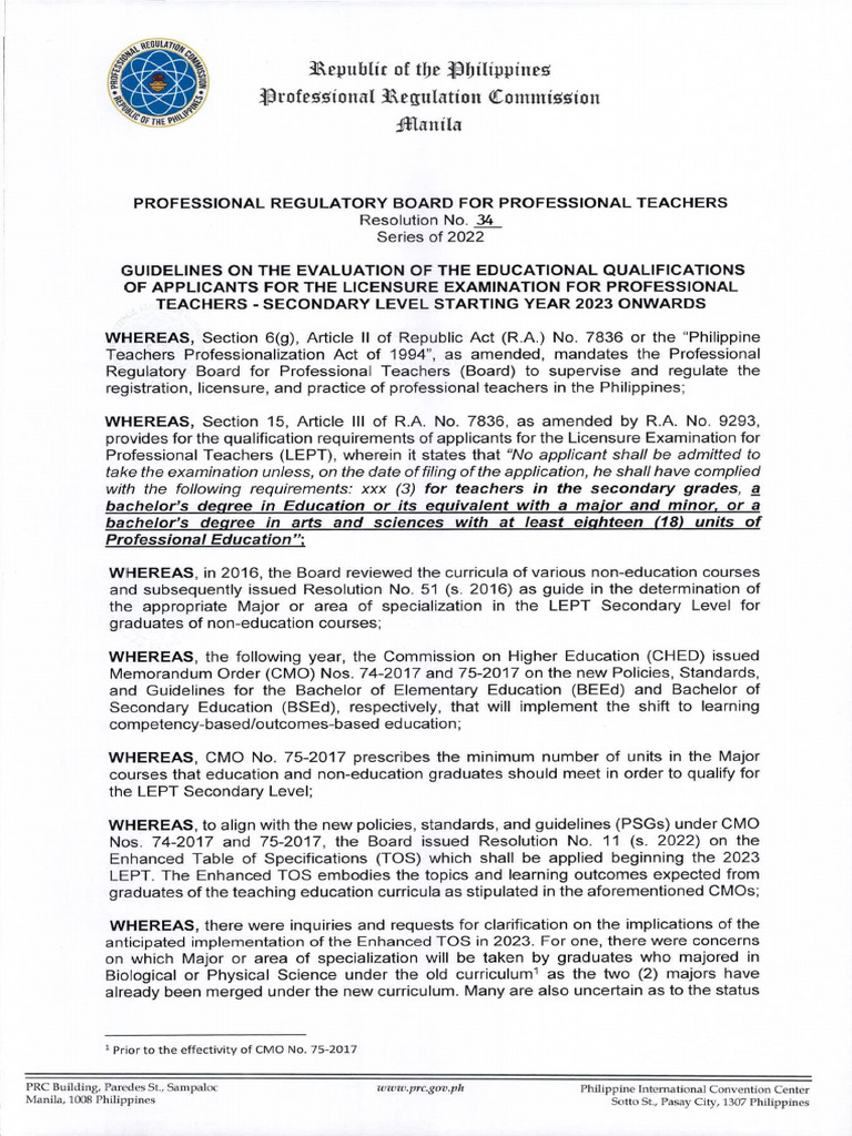 PRB For Prof. Teachers Reso. 34 S. 2022 | PDF | Curriculum | Teachers