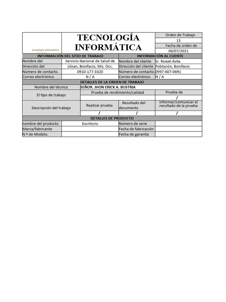 Tecnología Informática: Información Del Lugar de Trabajo Información Del Cliente | Descargar ...