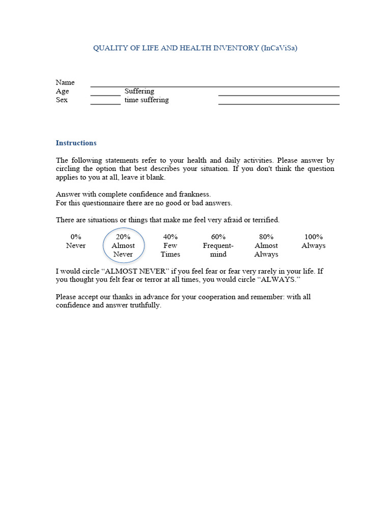 Quality of Life and Health Inventory | PDF | Quality Of Life | Fear
