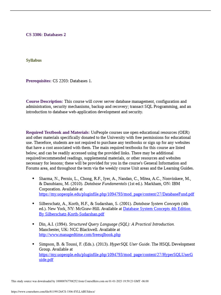 CS 3306 Syllabus | PDF | Databases | Microsoft Office
