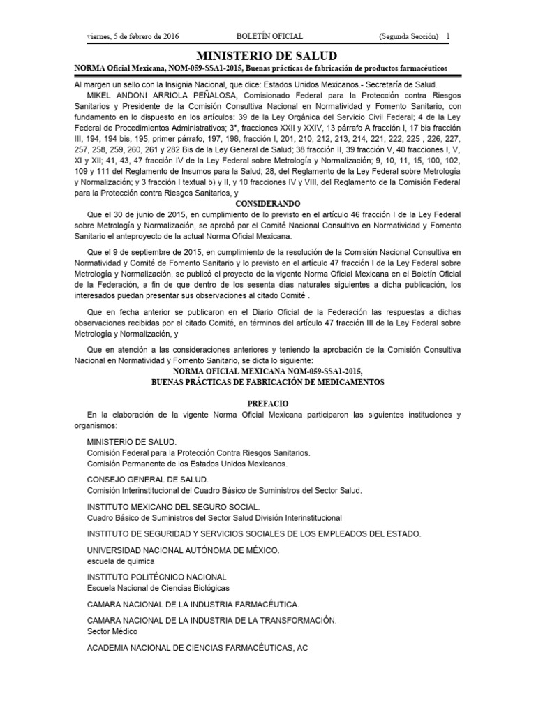 NOM-059-SSA1-2015 BPF Medicamentos - ESPAÑOL | PDF | Calidad (comercial ...