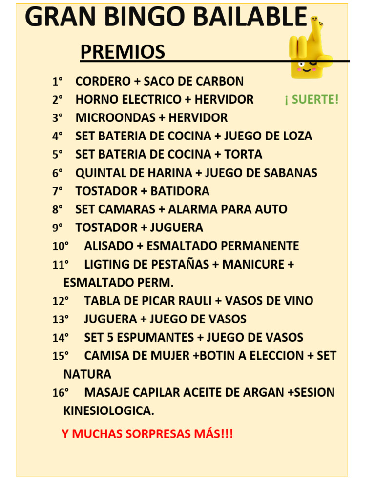 Premios del Gran Bingo Bailable | PDF | Cocina, comidas y vino | Hogar ...