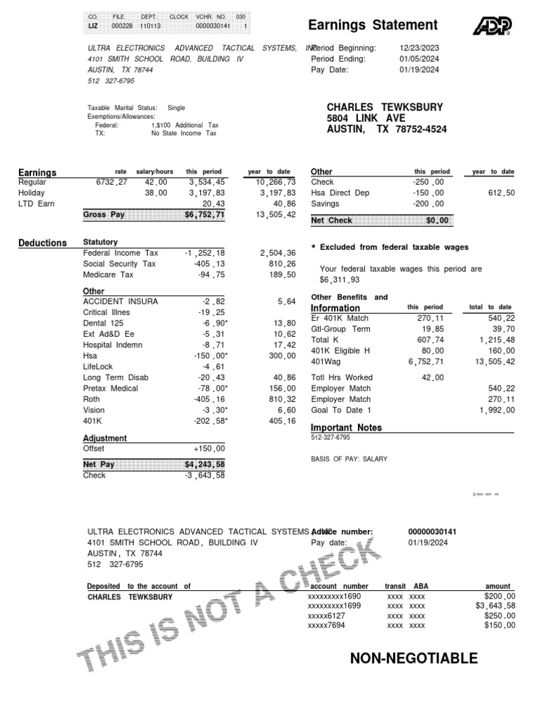 2024 Earnings Statement for Charles Tewksbury | PDF | 401(K) | United ...