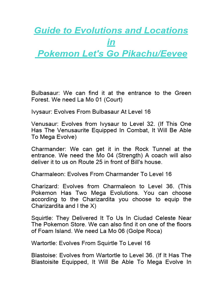 Pokemon Lets Go Pikachu Eevee Locations and Evolutions Guide PDF ...