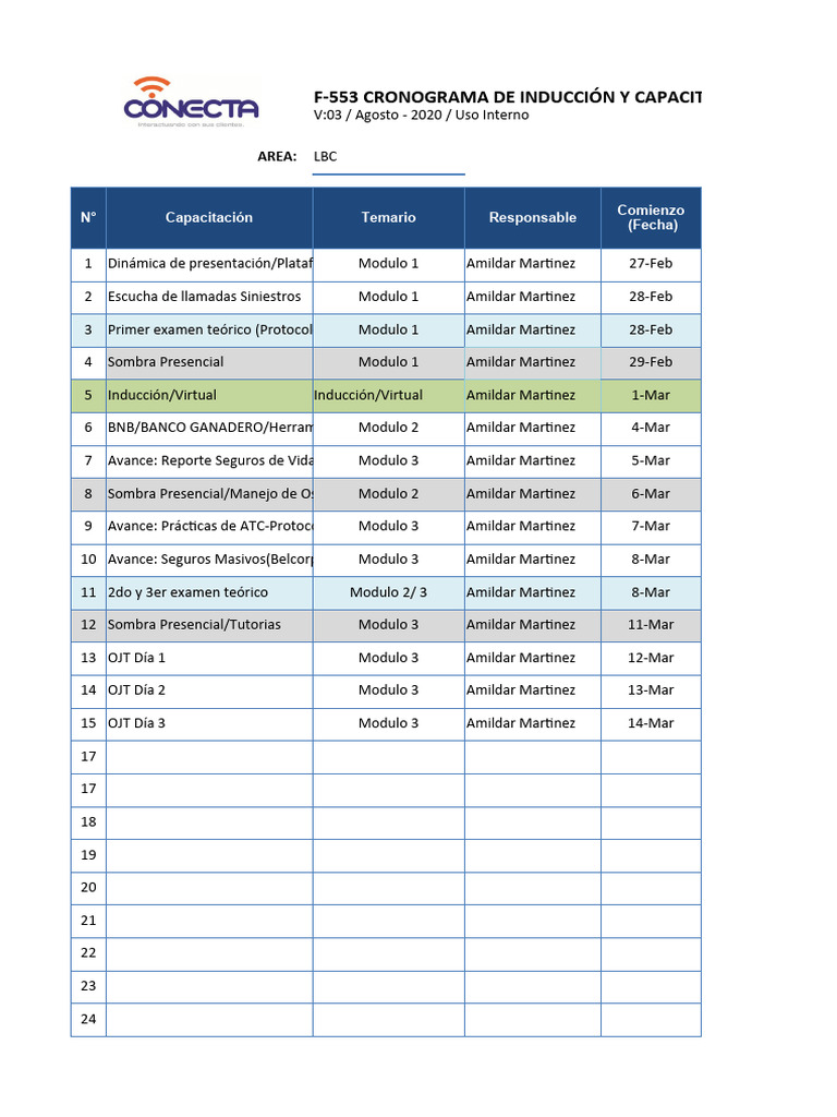 Cronograma de Inducción y Capacitación - LBC IN-G24-20 | PDF