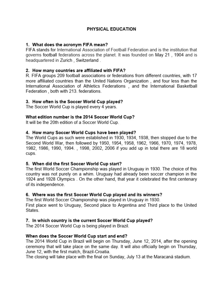 Soccer Quiz - Physical Education | PDF | Fifa World Cup | Association ...