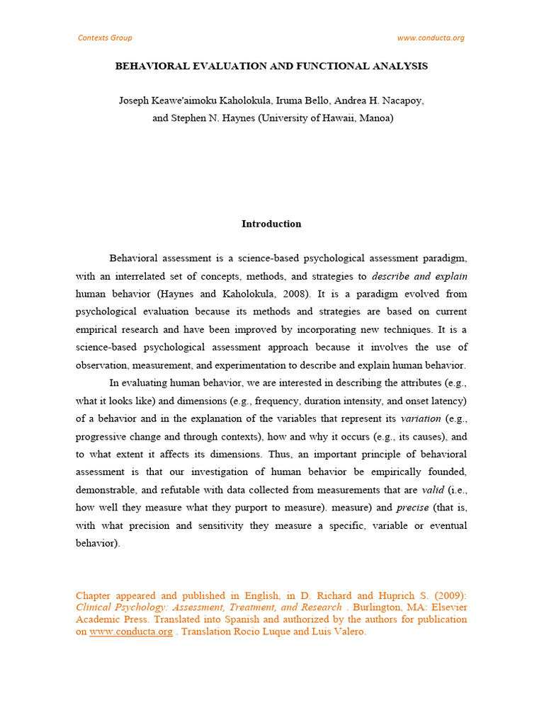Haynes Behavioral Assessment and Functional Analysis | PDF | Validity (Statistics) | Self Report ...