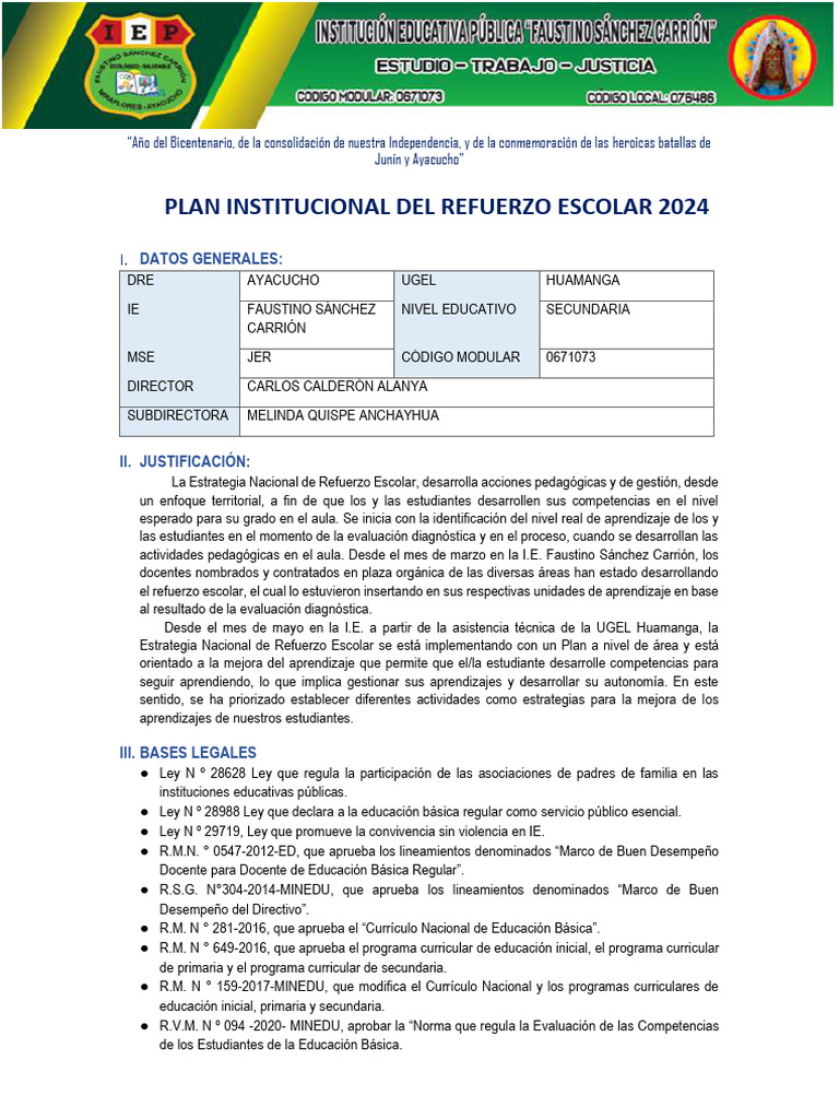 Plan de Refuerzo Institucional Fsc-2024 | PDF | Evaluación | Números