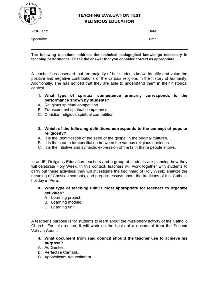 Teacher Evaluation Test - Religion | PDF | Revelation | Jesus
