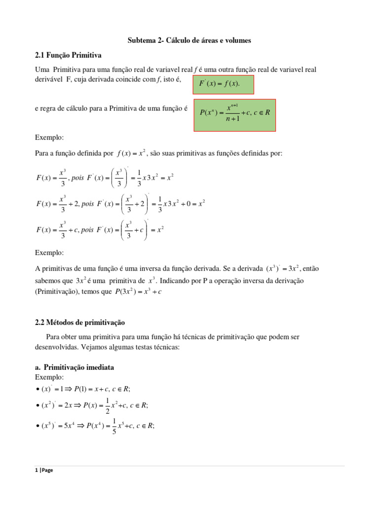 Cálculo de Áreas e Volumes: Primitivas e Integrais | PDF | Cálculo ...