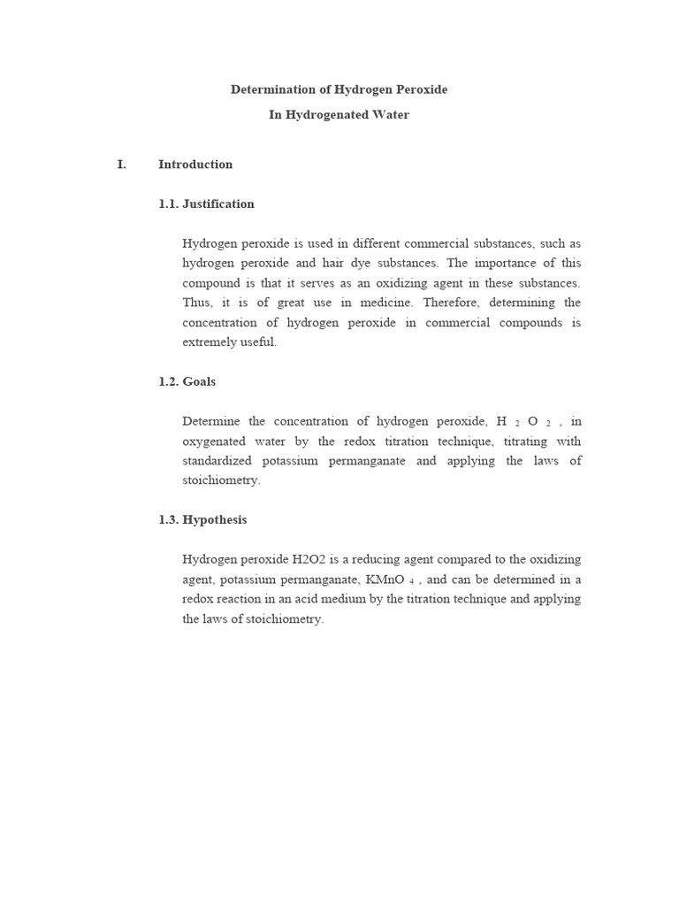 Determination Of Hydrogen Peroxide Pdf Titration Chemistry