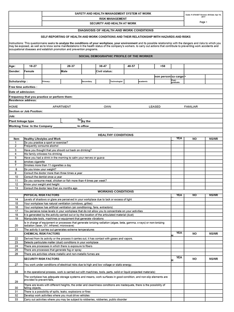 F-379-SST Self-Report Format of Health and Work Conditions | PDF ...
