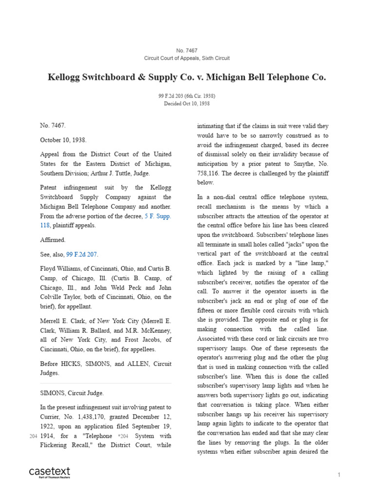 Kellogg Switchboard & Supply Co. v. Michigan Bell Telephone Co | PDF ...