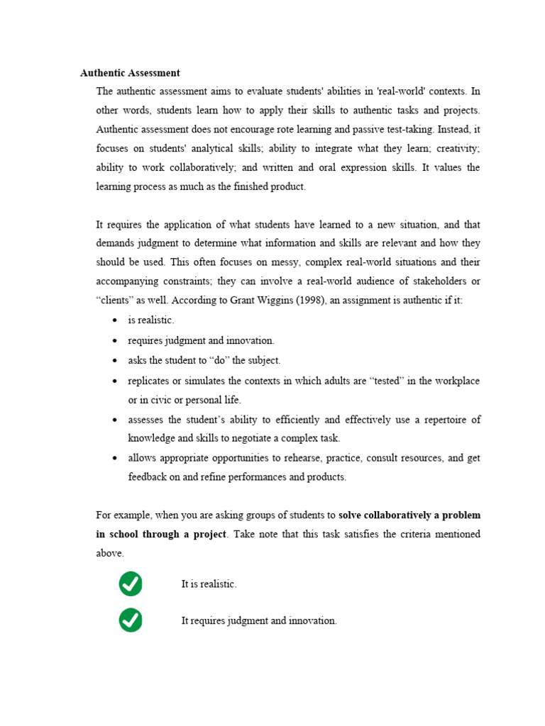 Authentic Assessment Notes | PDF | Learning | Creativity