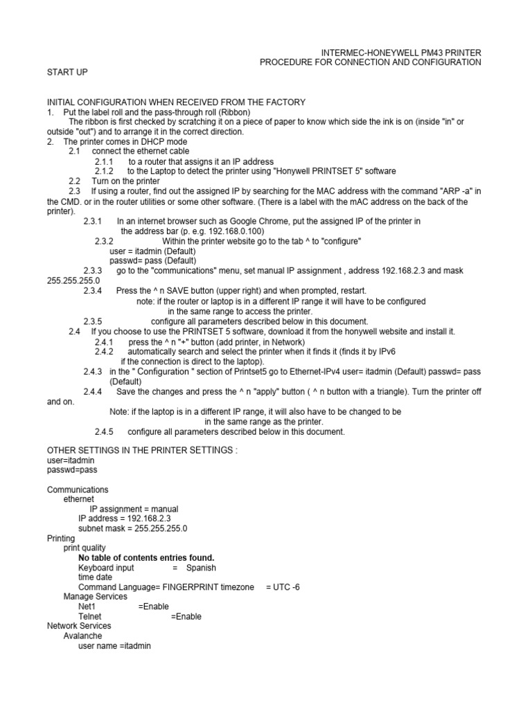 Startup Procedure - Intermec Printer | PDF | Ip Address | File Transfer Protocol