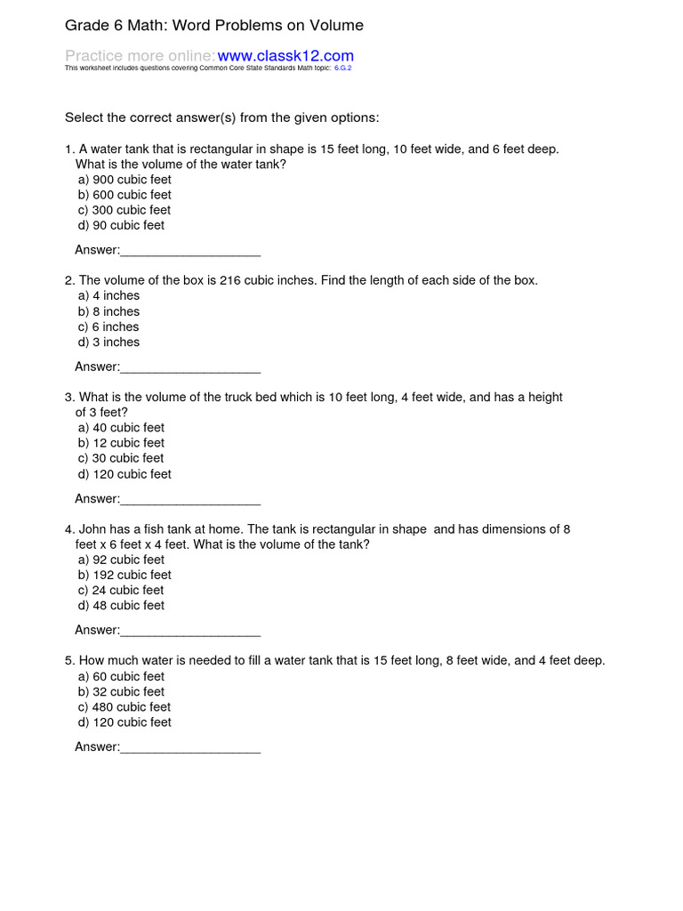 Grade 6 Math - Math - Word Problems On Volume - Classk12 | PDF | Volume ...