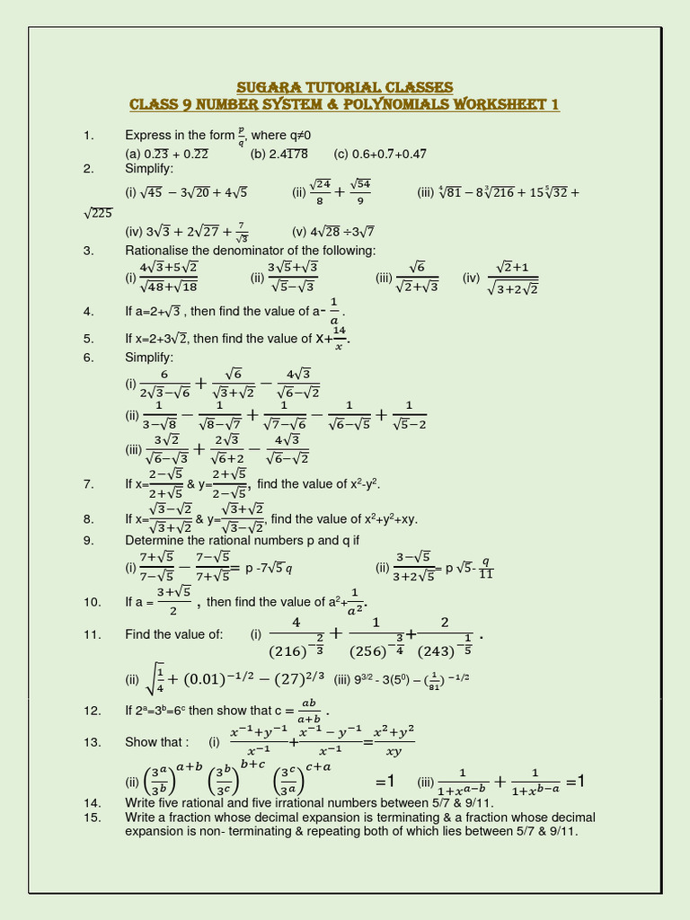 9 NUMBER SYSTEM & POLYNOMIALS Worksheet | PDF | Factorization | Mathematical Objects