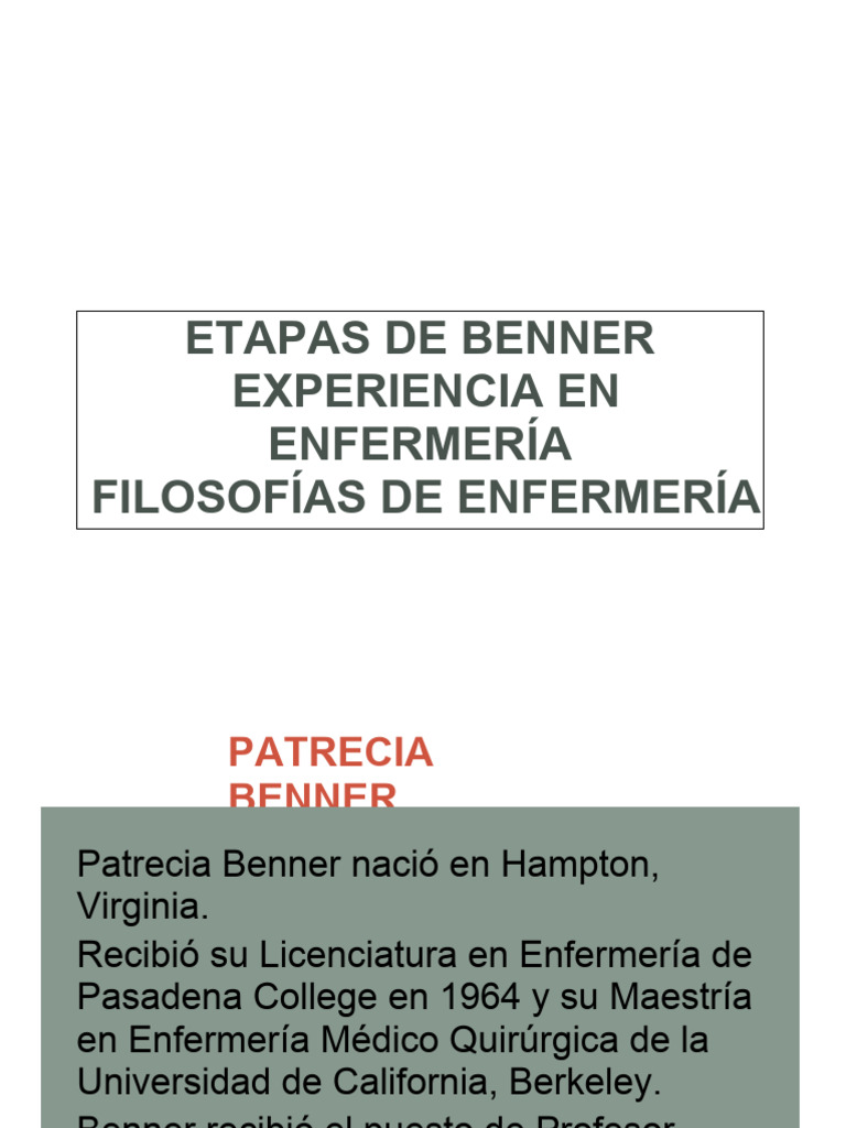 Etapas de La Experiencia en Enfermería de Benner Filosofías de Enfermería | PDF | Enfermería ...