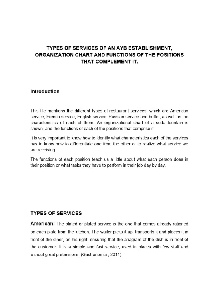 Types of Services of An Establishment A and B, Organization Chart and ...