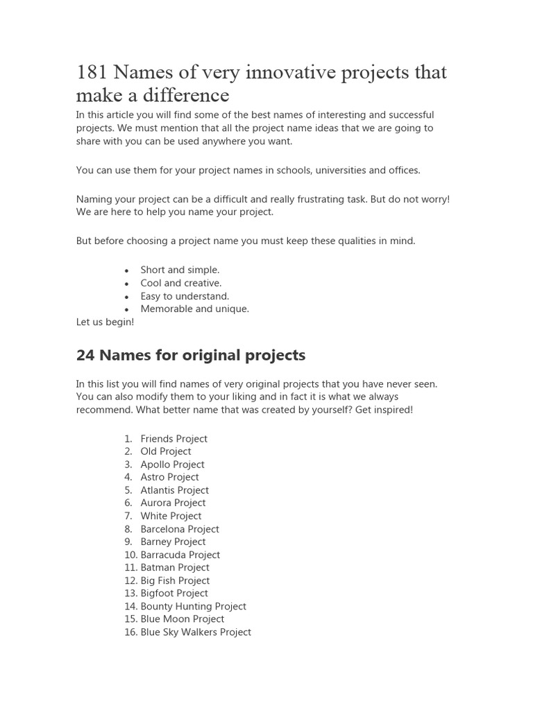 181 Names of Very Innovative Projects That Make A Difference | PDF