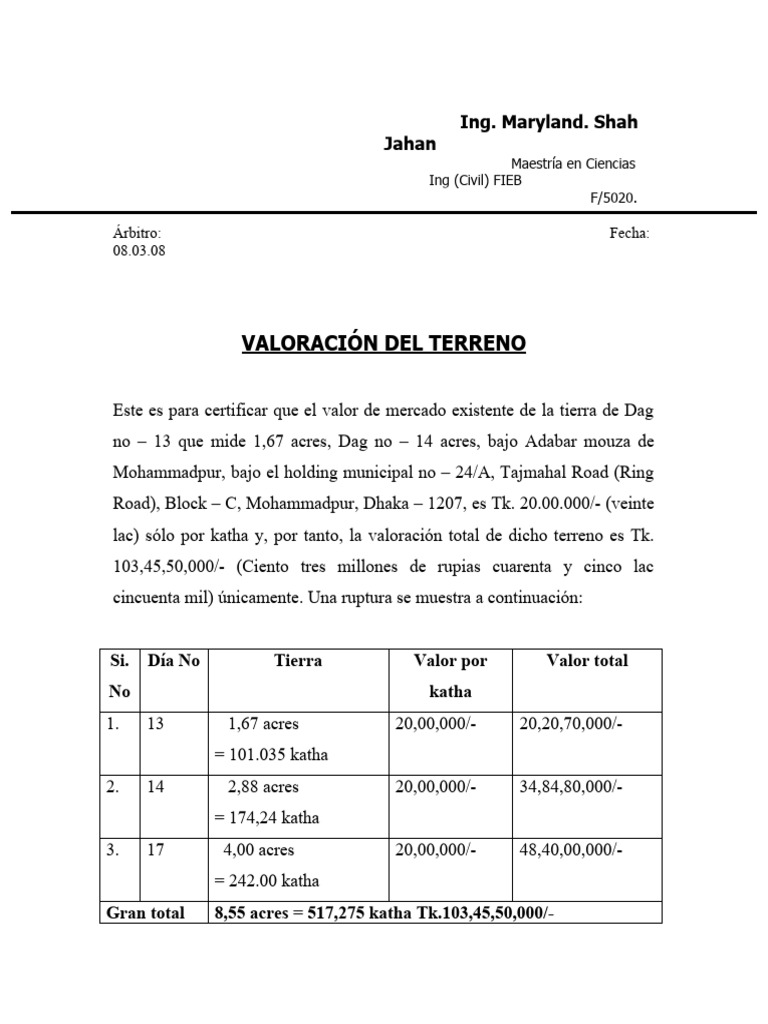 Certificado de Valoración de Terrenos para Tres Parcelas Por Un Total de 8,55 Acres en Adabar ...