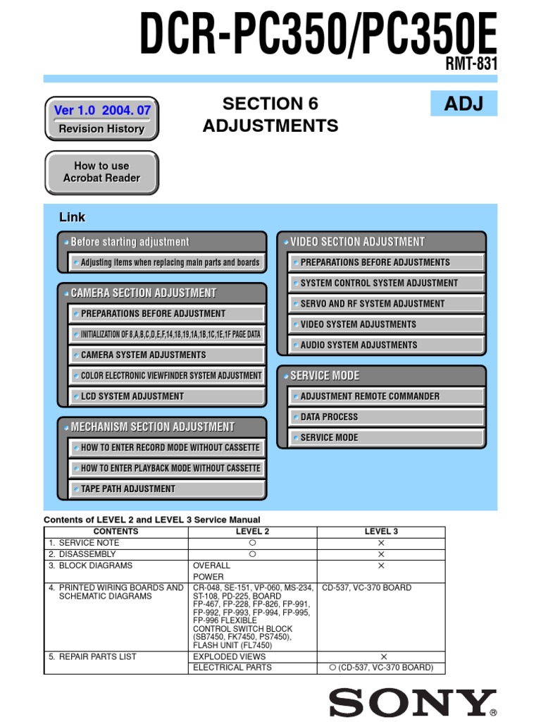 Sony Dcr-pc350 Adjustment Ver1.0 (ET) | PDF | Color Balance | Camera