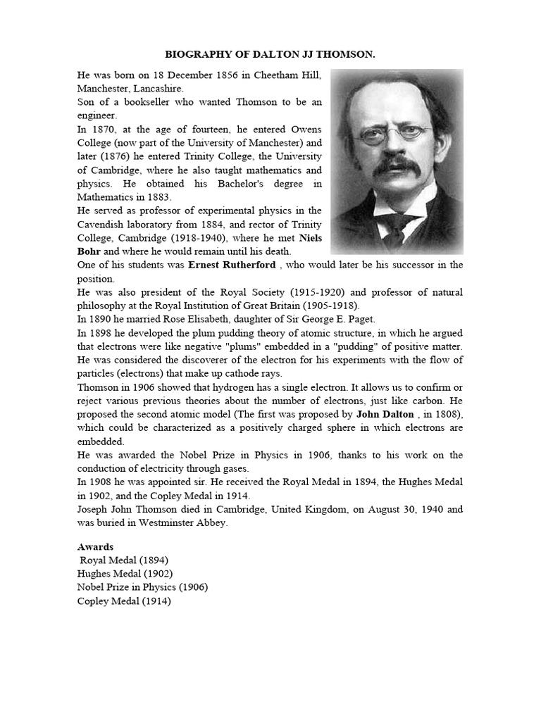 Dalton J.J. Thomson Biography | PDF | Theory Of Relativity | Physical ...