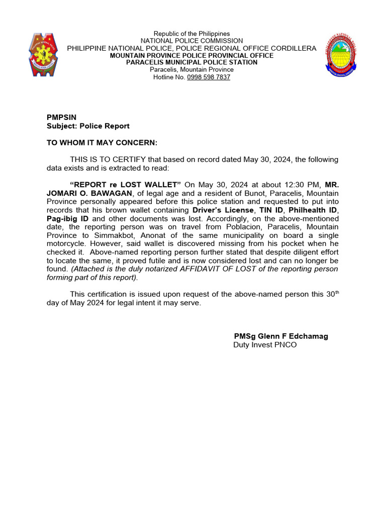 Certification of Blotter Lost Wallet Jomari Bawagan | PDF