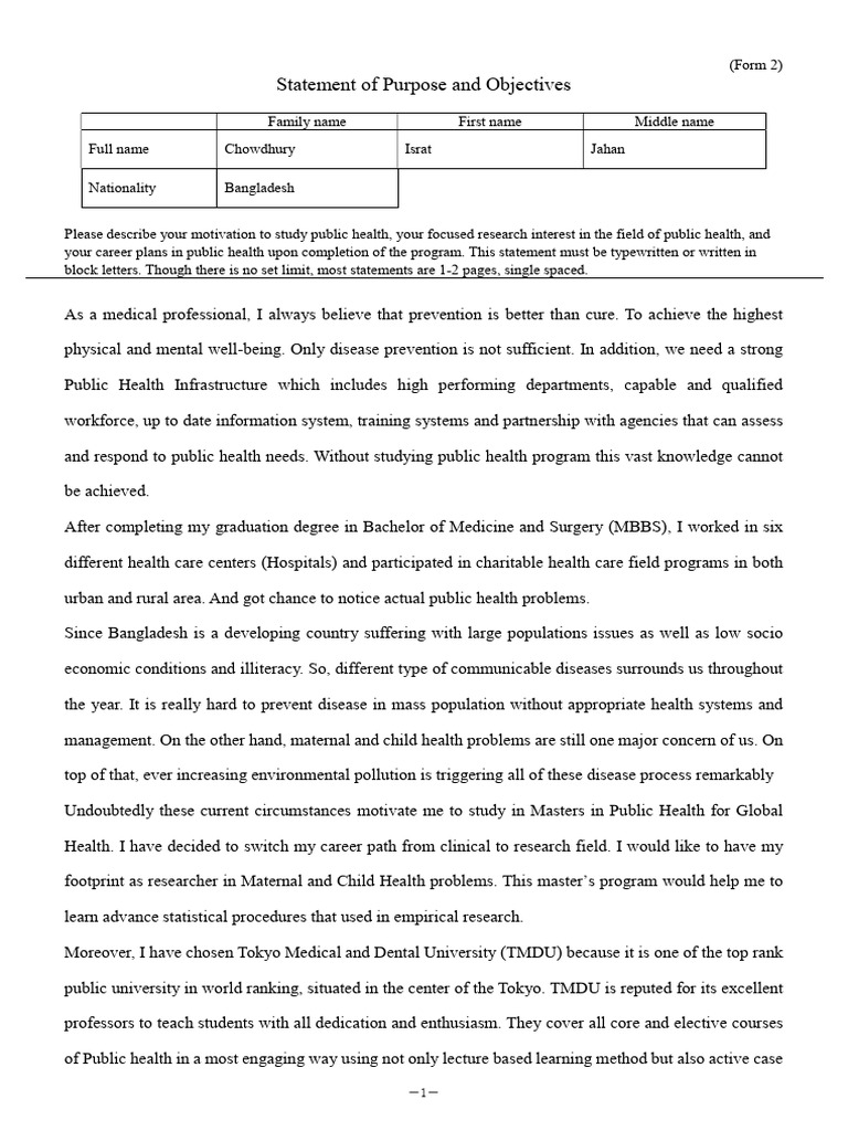 Statement of Purpose and Objectives Form2 | PDF | Public Health ...