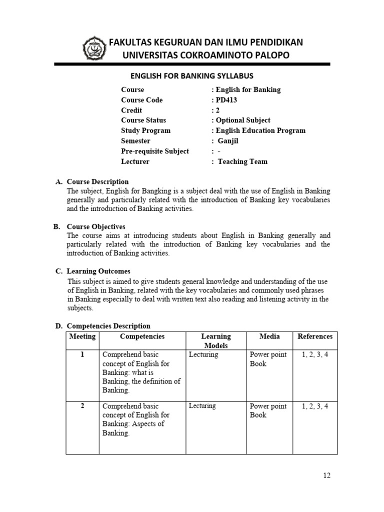 English for Banking Course Syllabus | PDF | English Language | Vocabulary