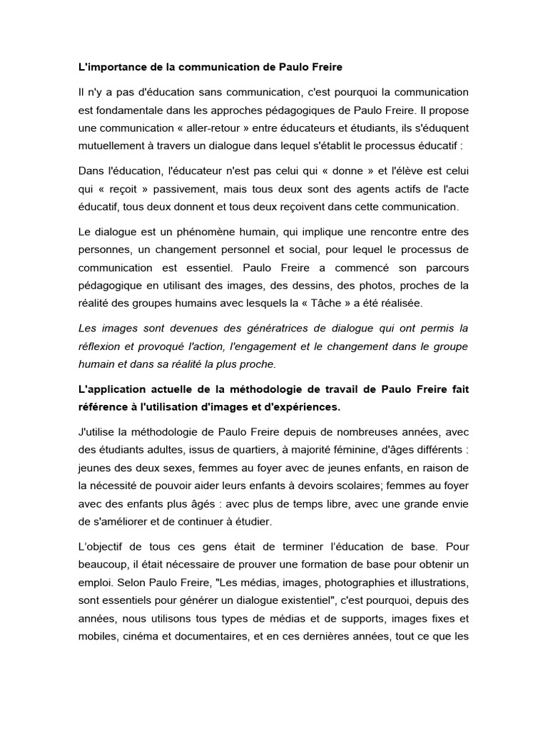Quelle Importance La Communication A-T-Elle Dans Les Approches Pédagogiques de Paulo Freire ...