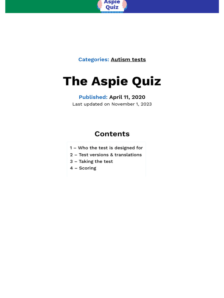 The Aspie Quiz - Embrace Autism | PDF | Asperger Syndrome | Autism Spectrum