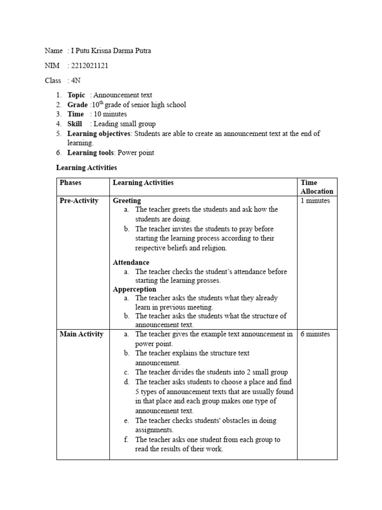 Announcement Text Creation Guide | PDF | Teachers | Learning