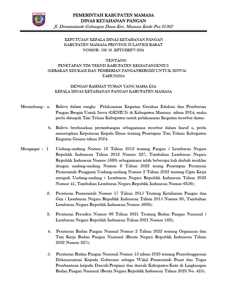 SK Tim Teknis Kabupaten 2024 | PDF