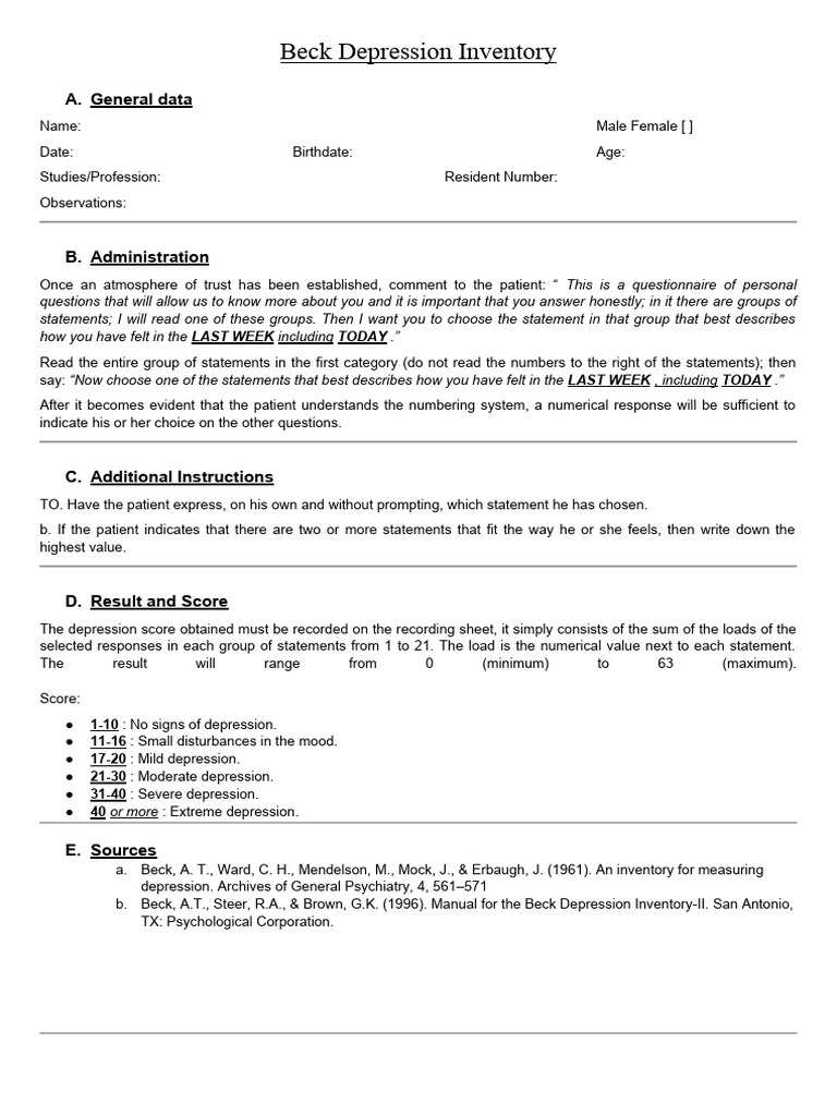 2 - Beck Depression Inventory | PDF | Major Depressive Disorder ...