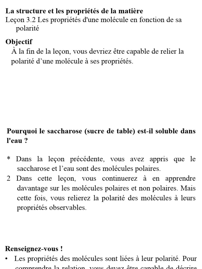 Leçon 3.2 Les Propriétés D'une Molécule en Fonction de Sa Polarité ...