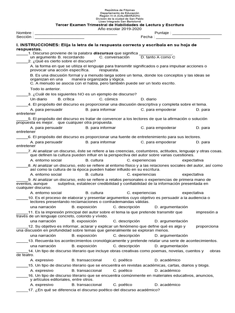 Tercer Examen Trimestral de Lectura y Escritura | PDF | Hablar en ...