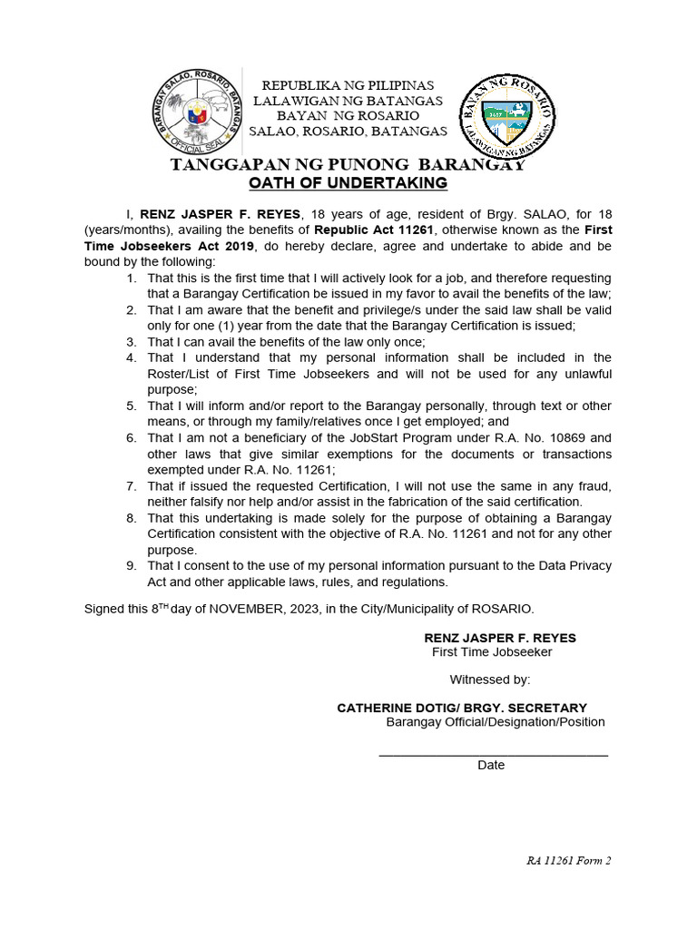 RA 11261 Form 2 Oath of Undertaking | PDF | Justice | Crime & Violence