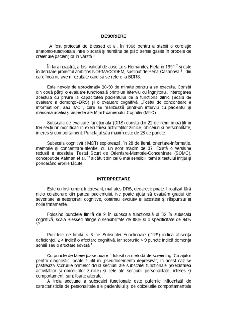 Test - Bdrs - Blessed Dementia Scale Instrucțiuni | PDF