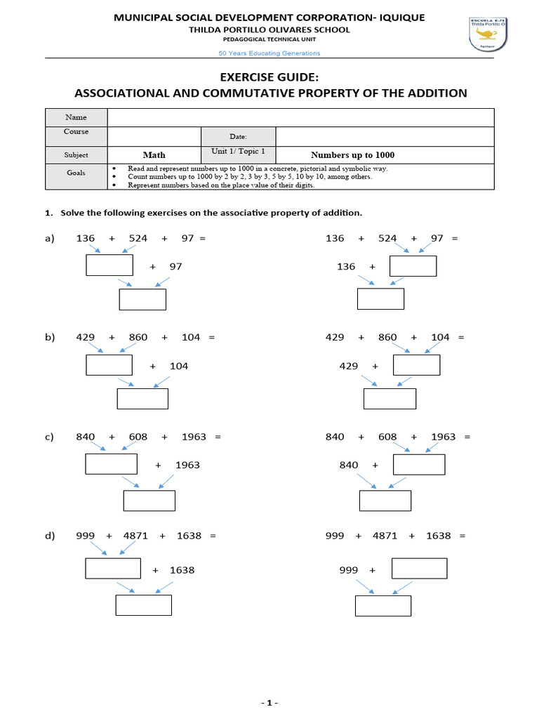EXERCISE GUIDE Commutative Associative Property | PDF | Mathematics ...