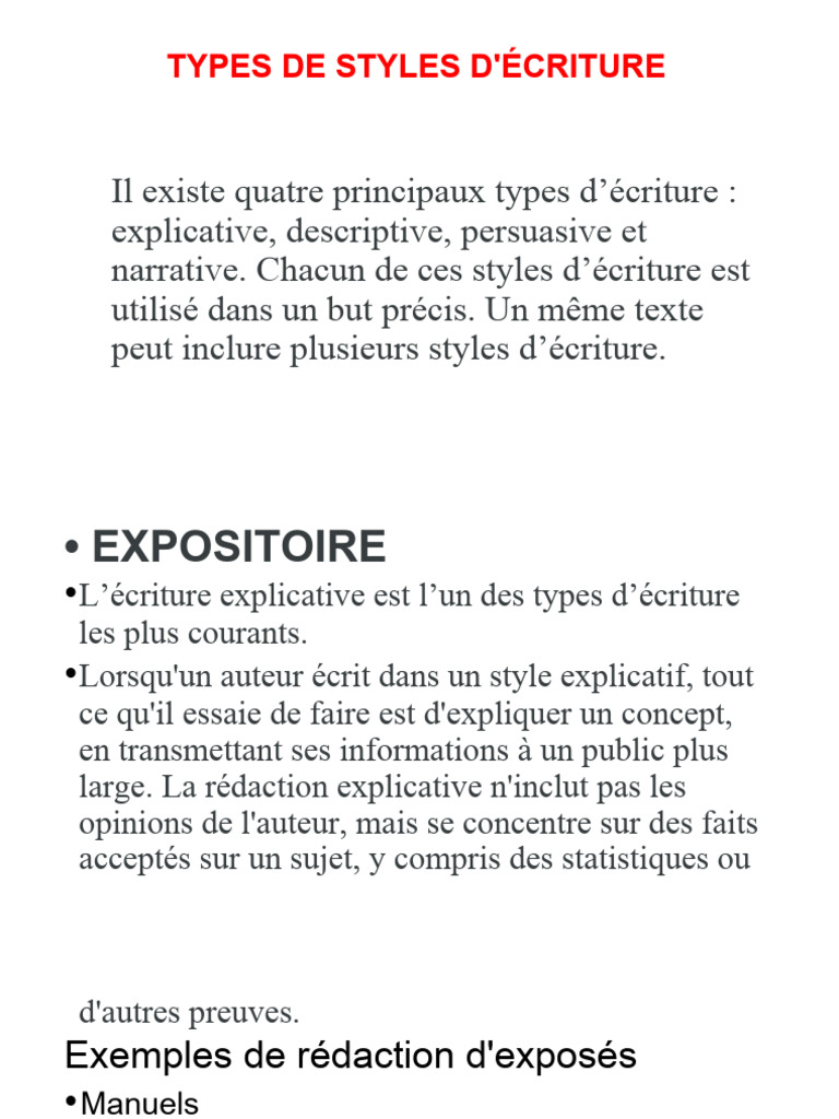 Les Quatre Principaux Types D'écriture : Explicative, Descriptive ...