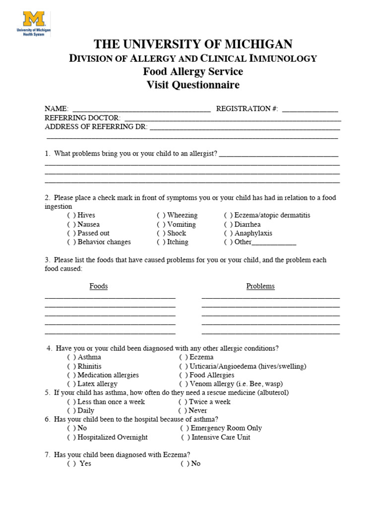 Food Allergy Questionnaire | PDF | Allergy | Dermatitis