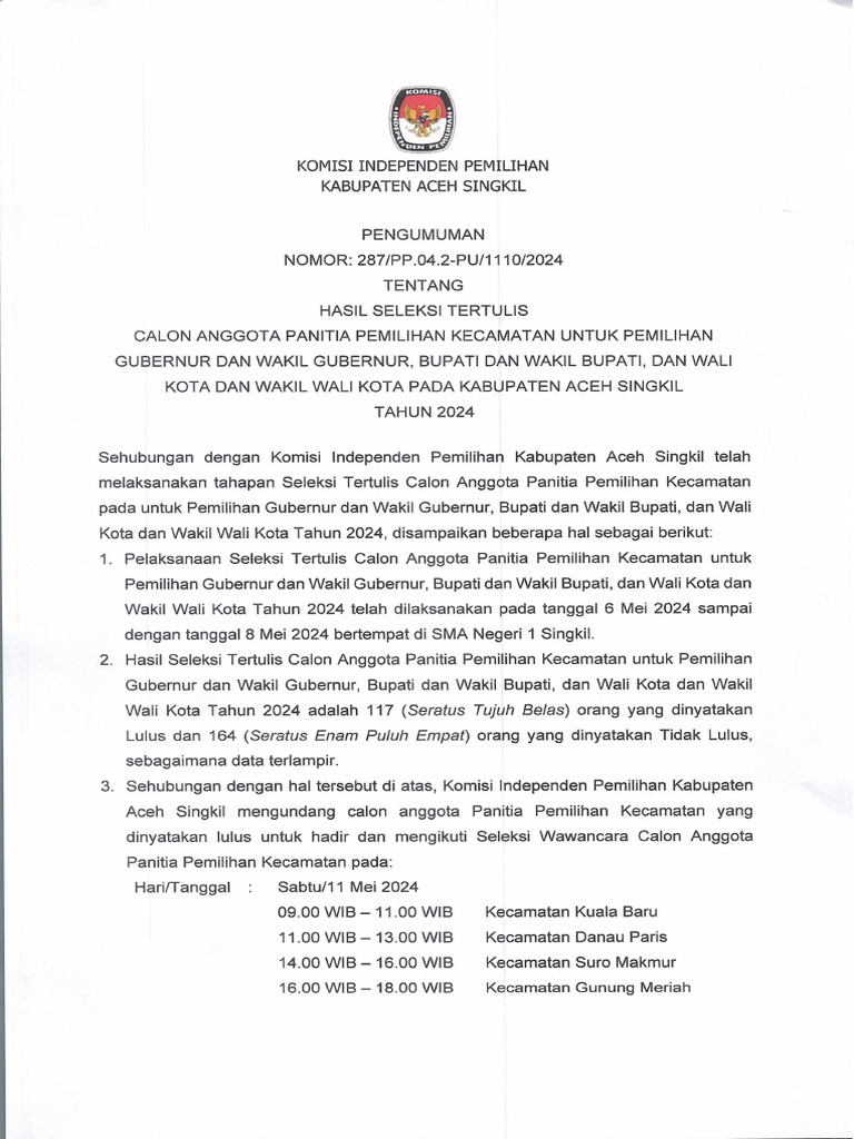 Pengumuman Hasil Seleksi Tertulis Calon PPK Pilkada 2024 - 0001 | PDF