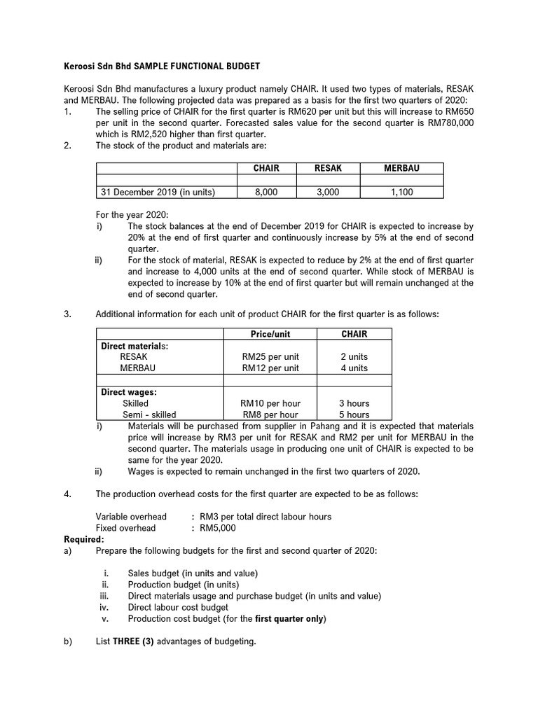 Keroosi SDN BHD SAMPLE FUNCTIONAL BUDGET | PDF | Budget | Economics