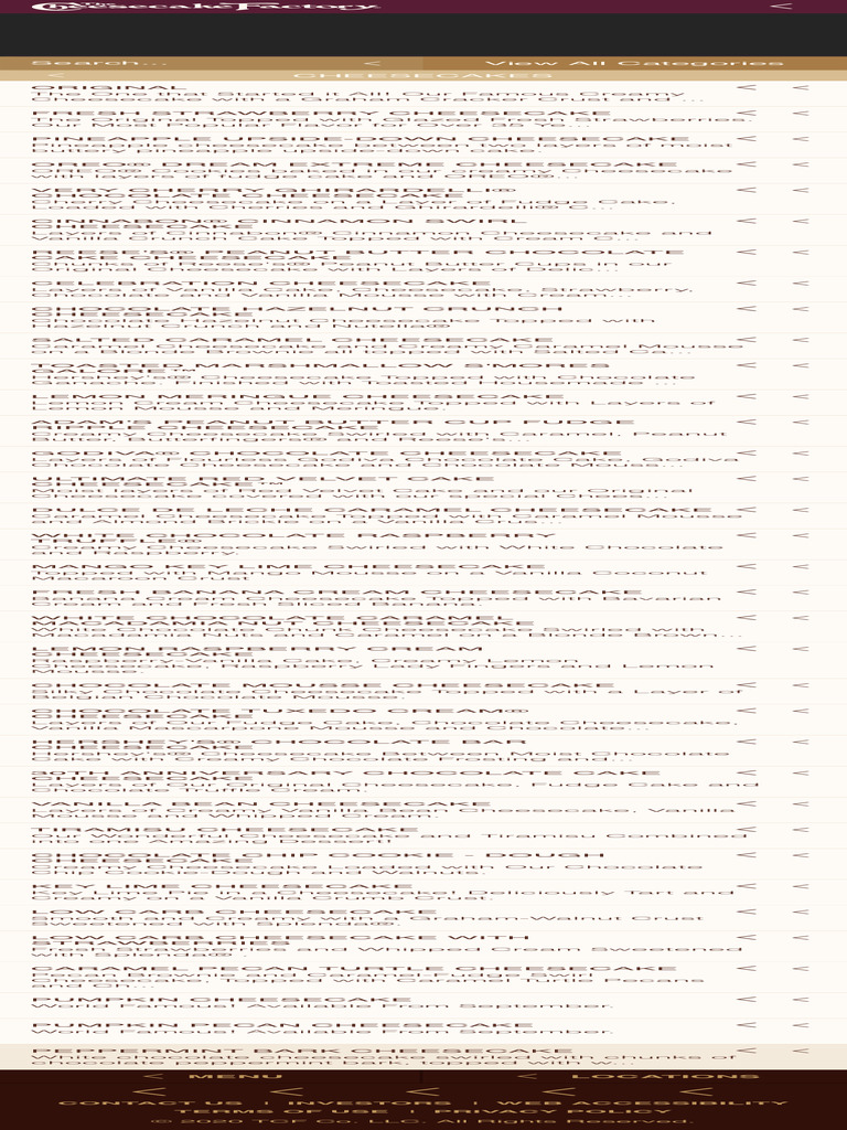 The Cheesecake Factory Cheesecakes | PDF | Cheesecake | Cakes